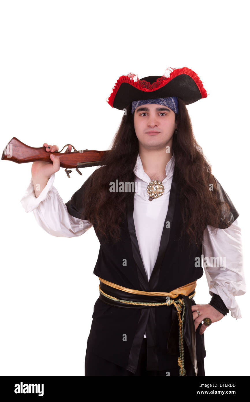 Dangerous pirate with a gun on white background. Studio shooting Stock ...