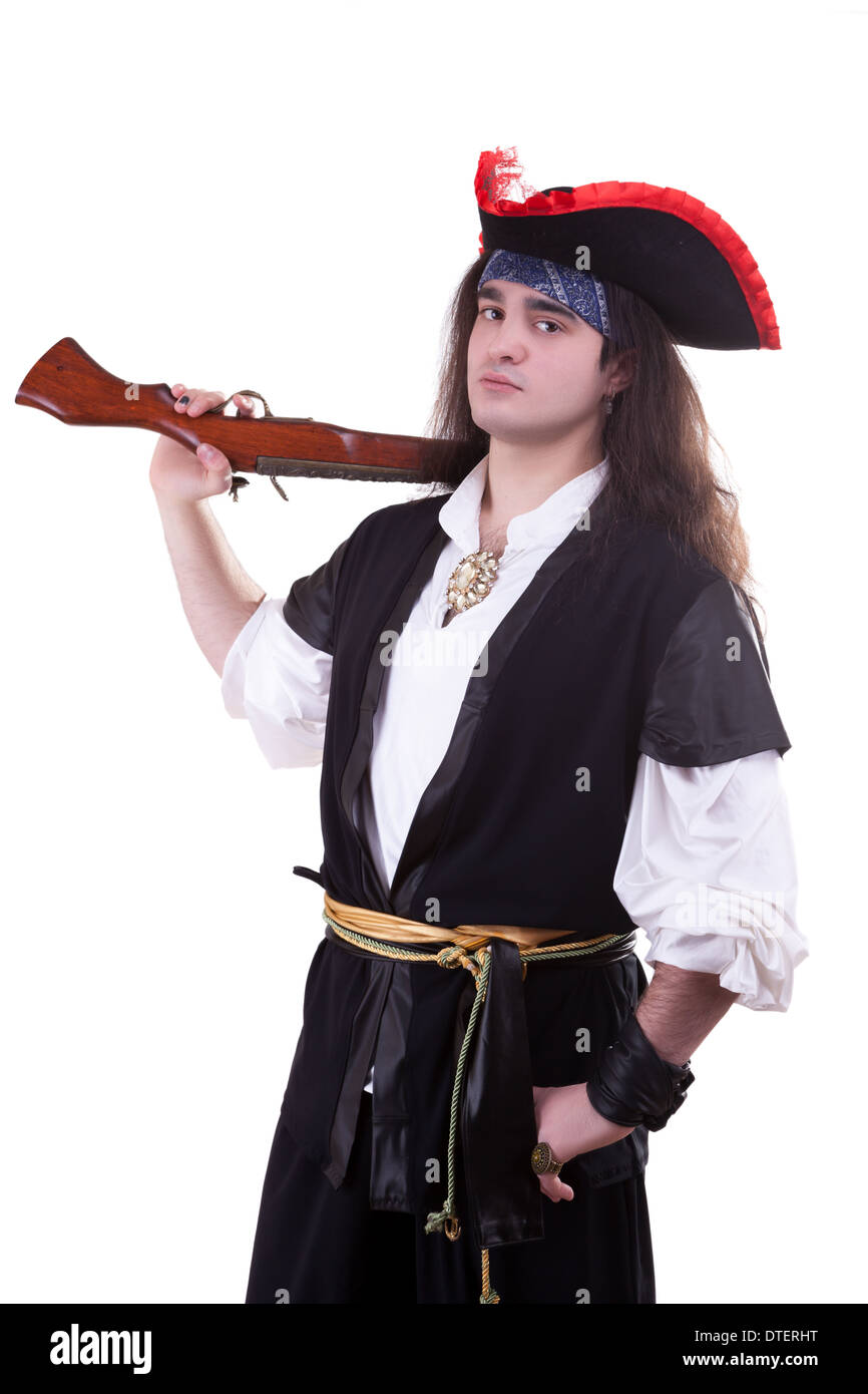Pirate with a gun on shoulder isolated on white background studio ...