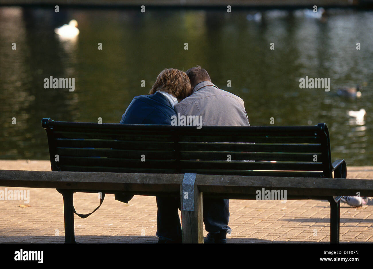 young lovers on a park bench by a lake taken from behind Stock Photo ...