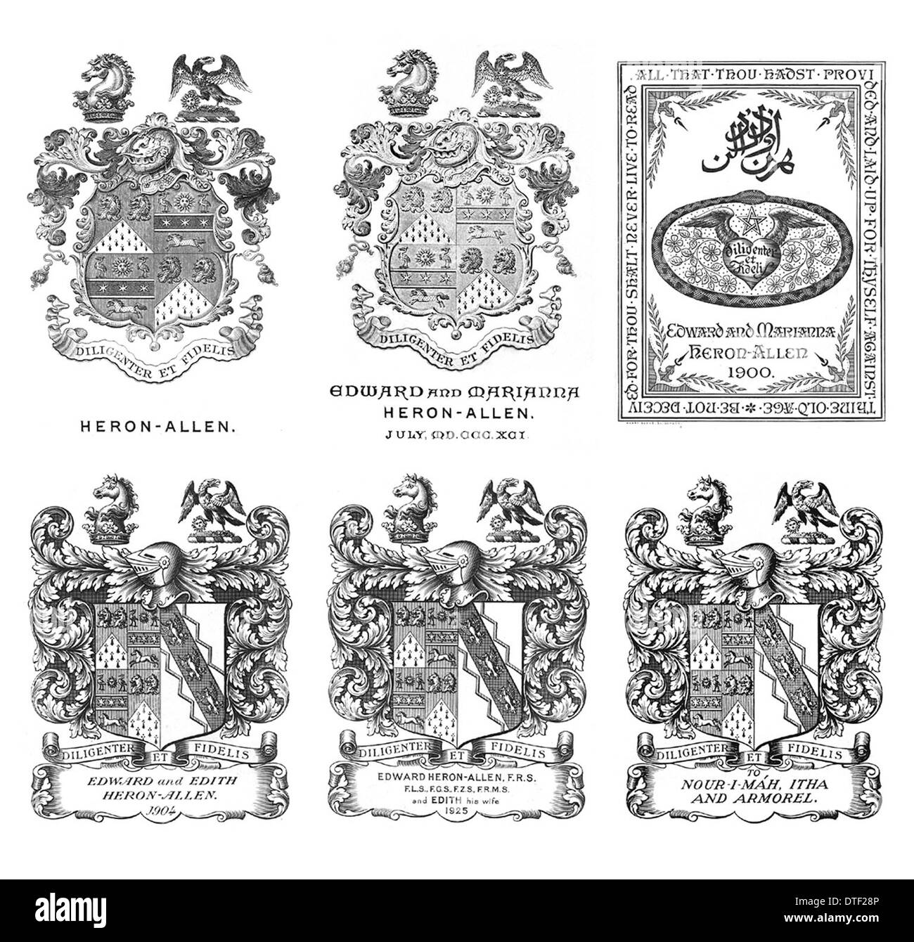 Book-plates showing Edward Heron-Allen crests Stock Photo - Alamy