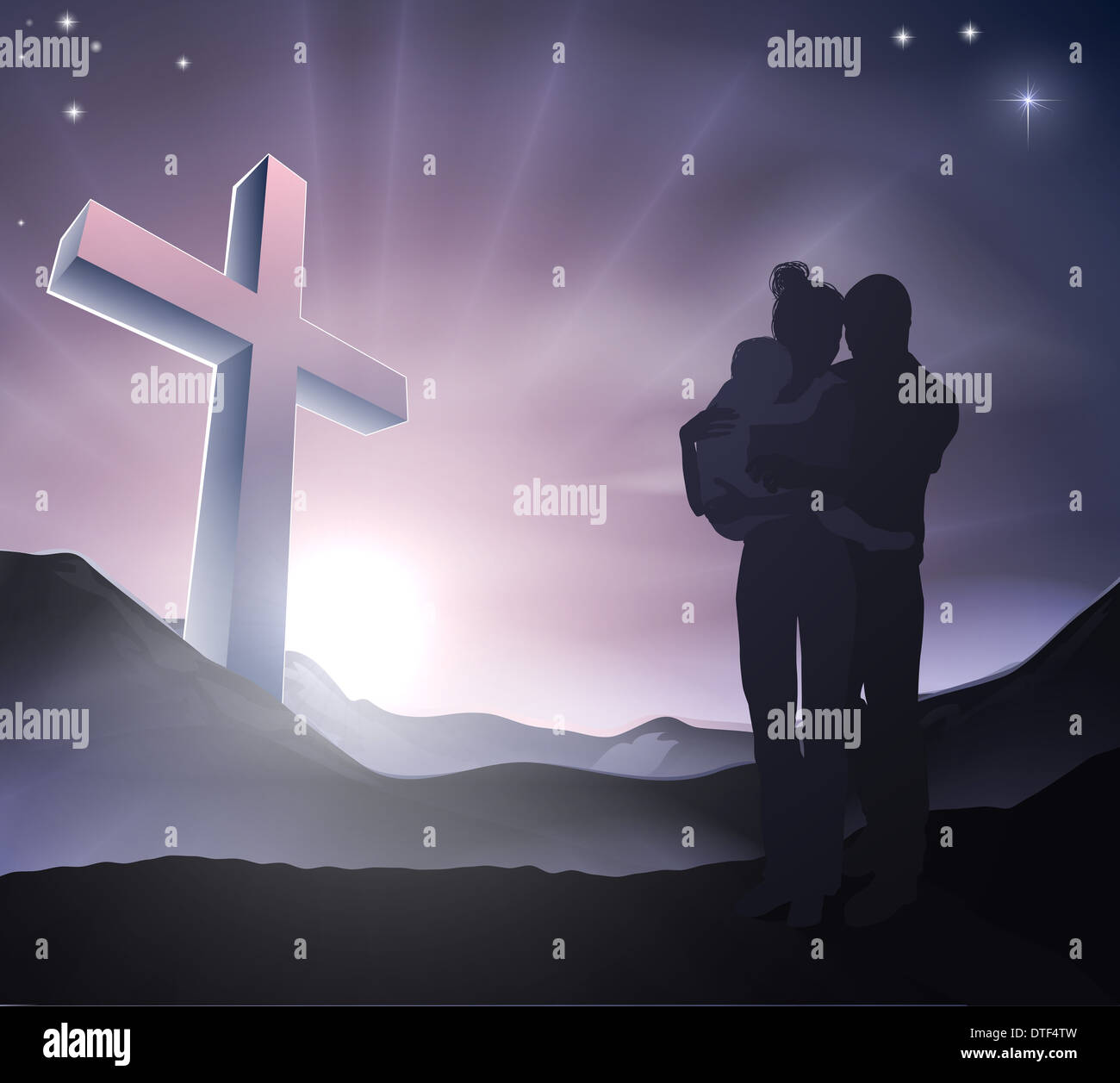 A loving Christian family with a cross in a mountain landscape with ...