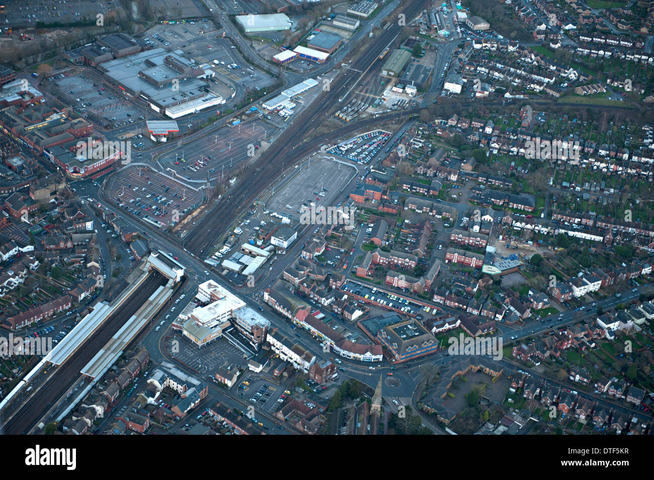 Aerial view of Tonbridge looking south showing the railway line and ...