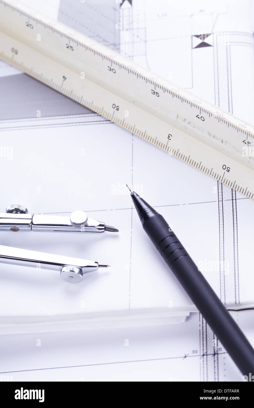 architect blueprints equipment objects workplace paper office Stock ...