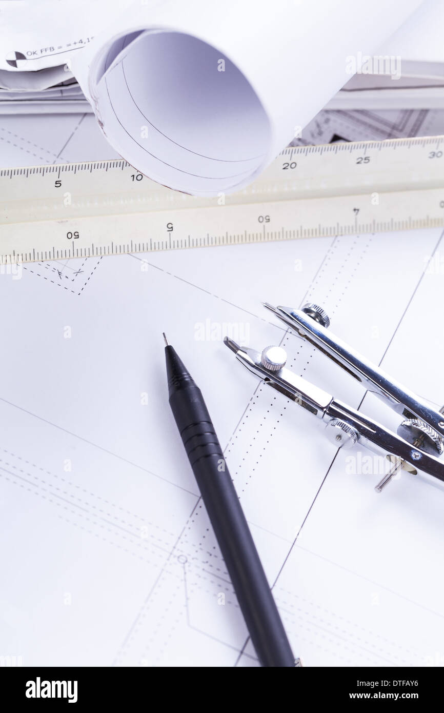 architect blueprints equipment objects workplace paper office Stock ...