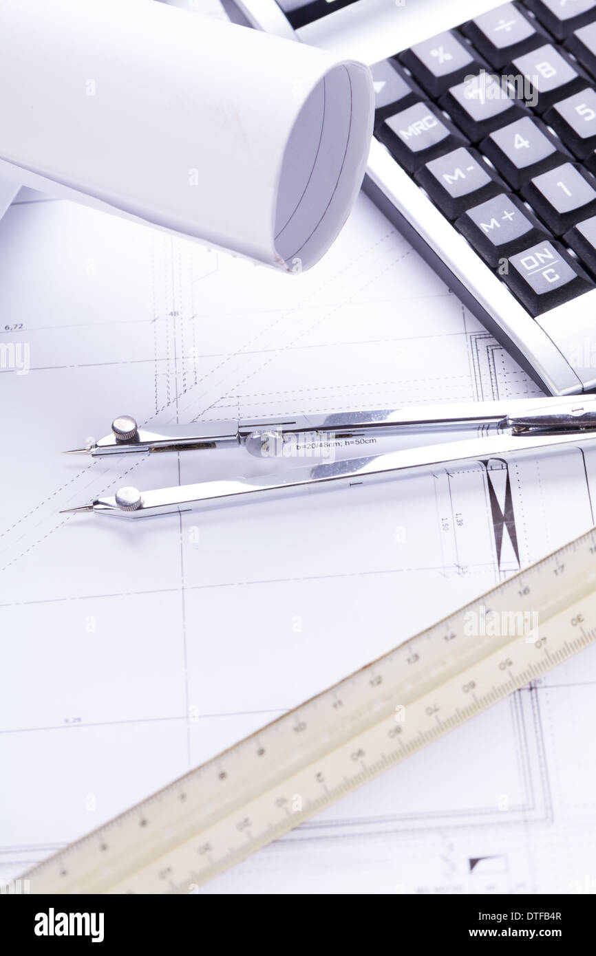 architect blueprints equipment objects workplace paper office Stock ...