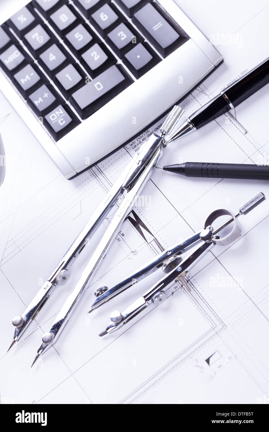 architect blueprints equipment objects workplace paper office Stock ...