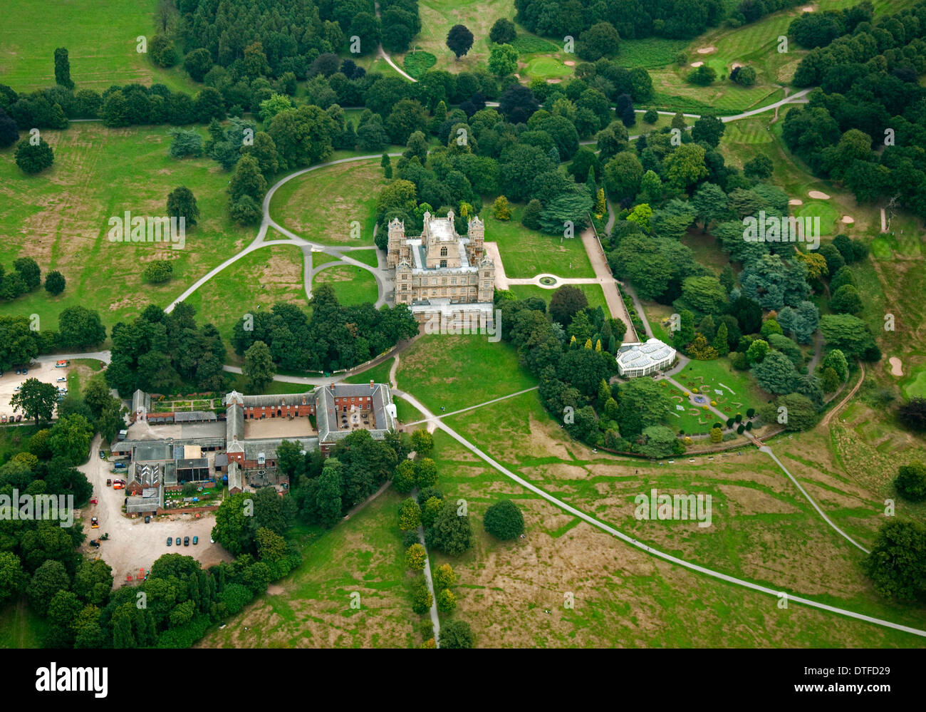 Aerial shot of Wollaton Hall in Nottingham City, Nottinghamshire UK ...
