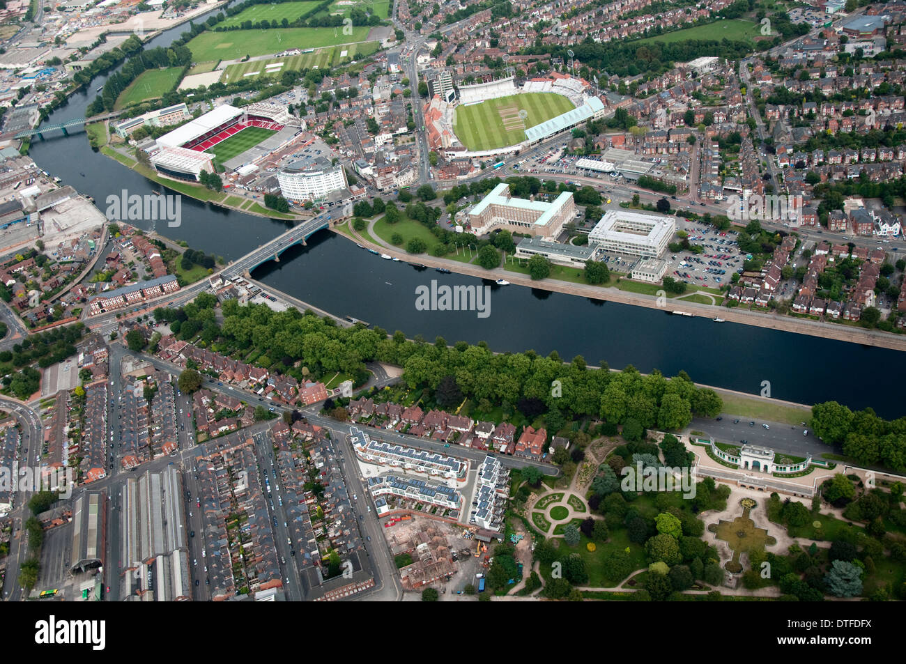 Aerial shot of the River Trent ant the Embankment in Nottingham City ...