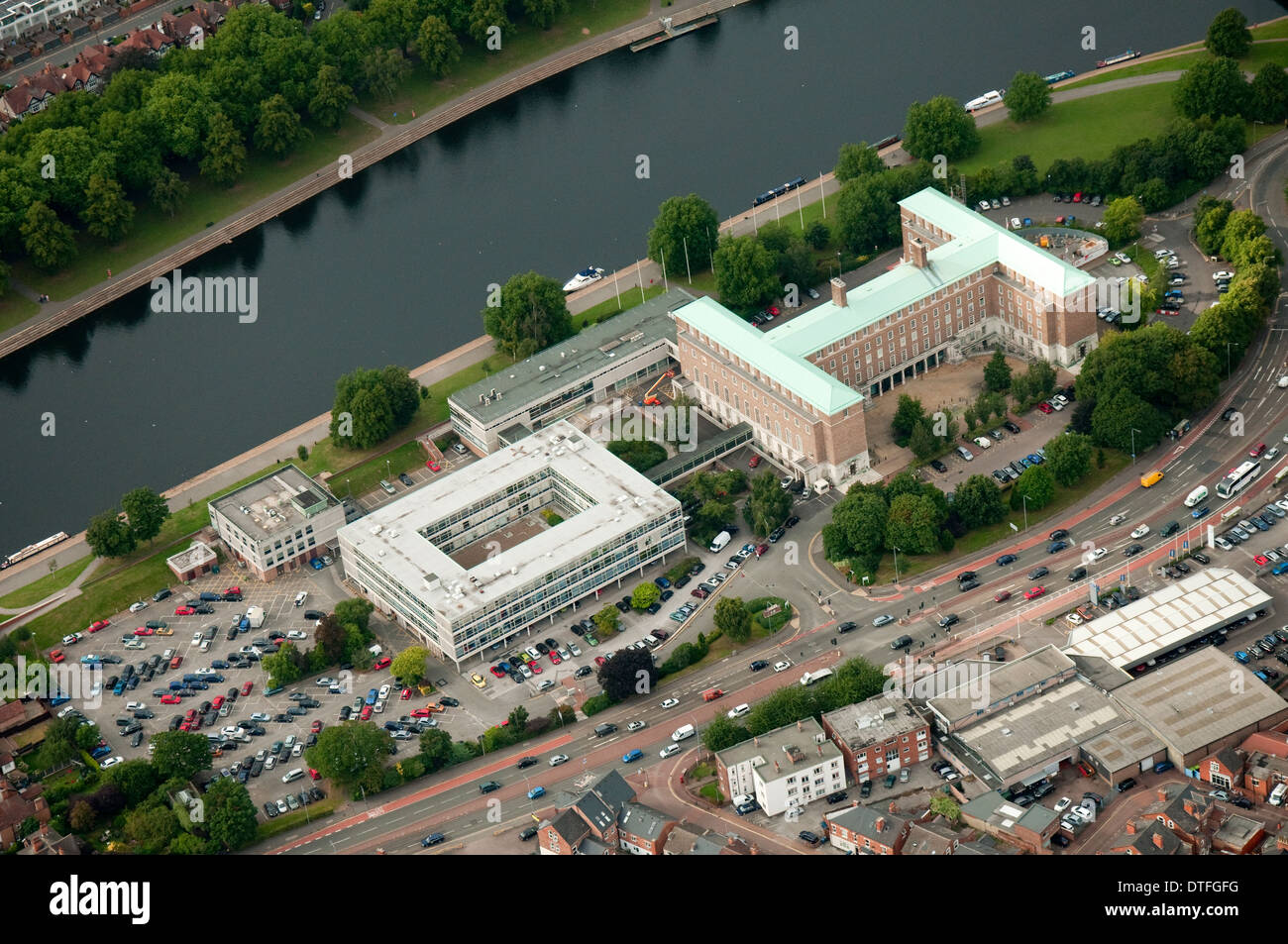 Aerial shot of County Hall, by the Embankment on the River Trent in ...