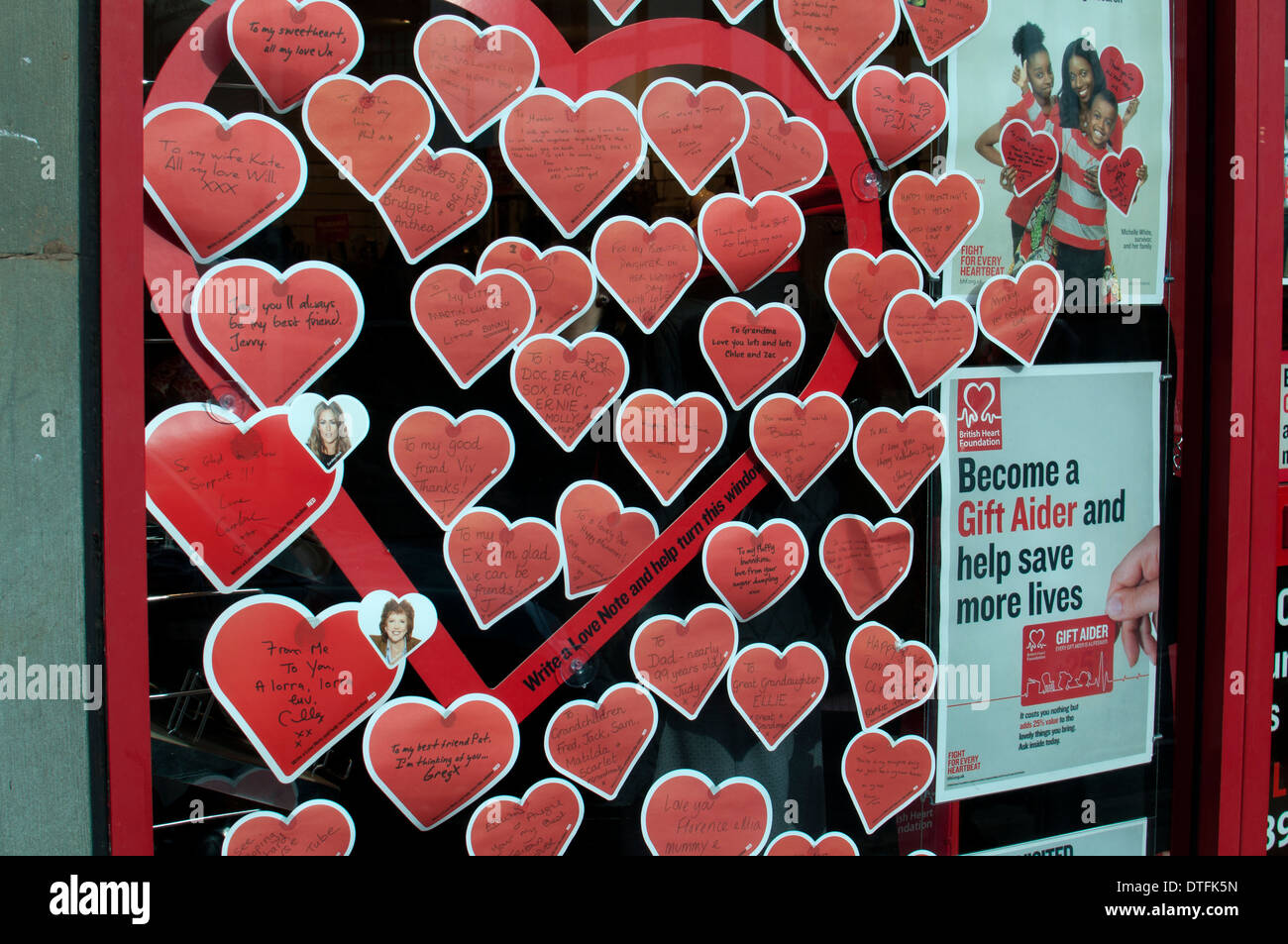 Messages on hearts in British Heart Foundation charity shop window ...