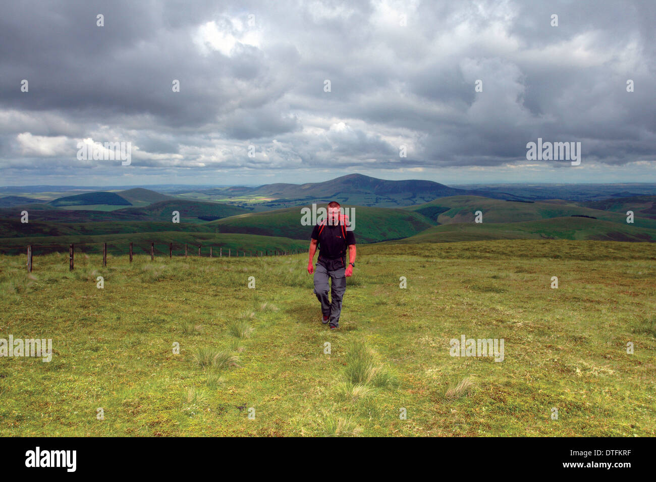 A walker reaching the summit of Hudderstone overlooking Tinto Hill and ...
