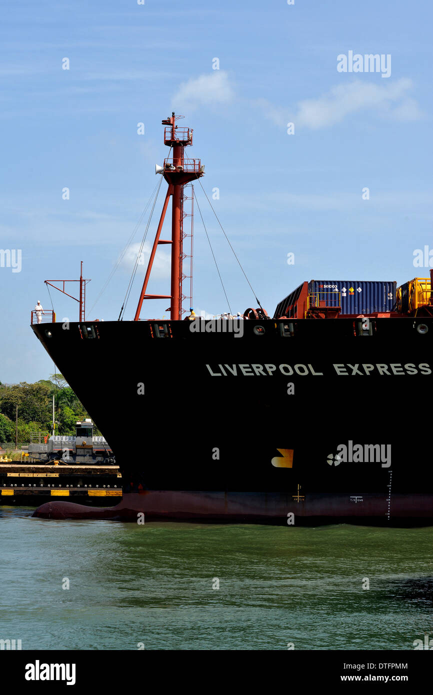 Liverpool Express container cargo ship leaving Gatun locks Panama canal ...