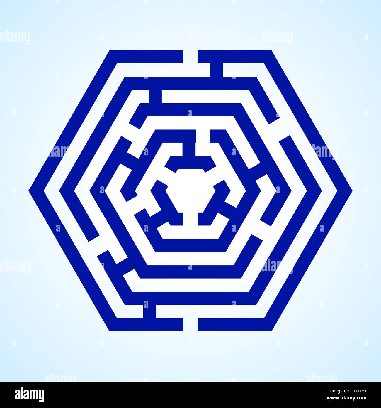 Illustration of blue labyrinth in hexagon shape on light blue ...
