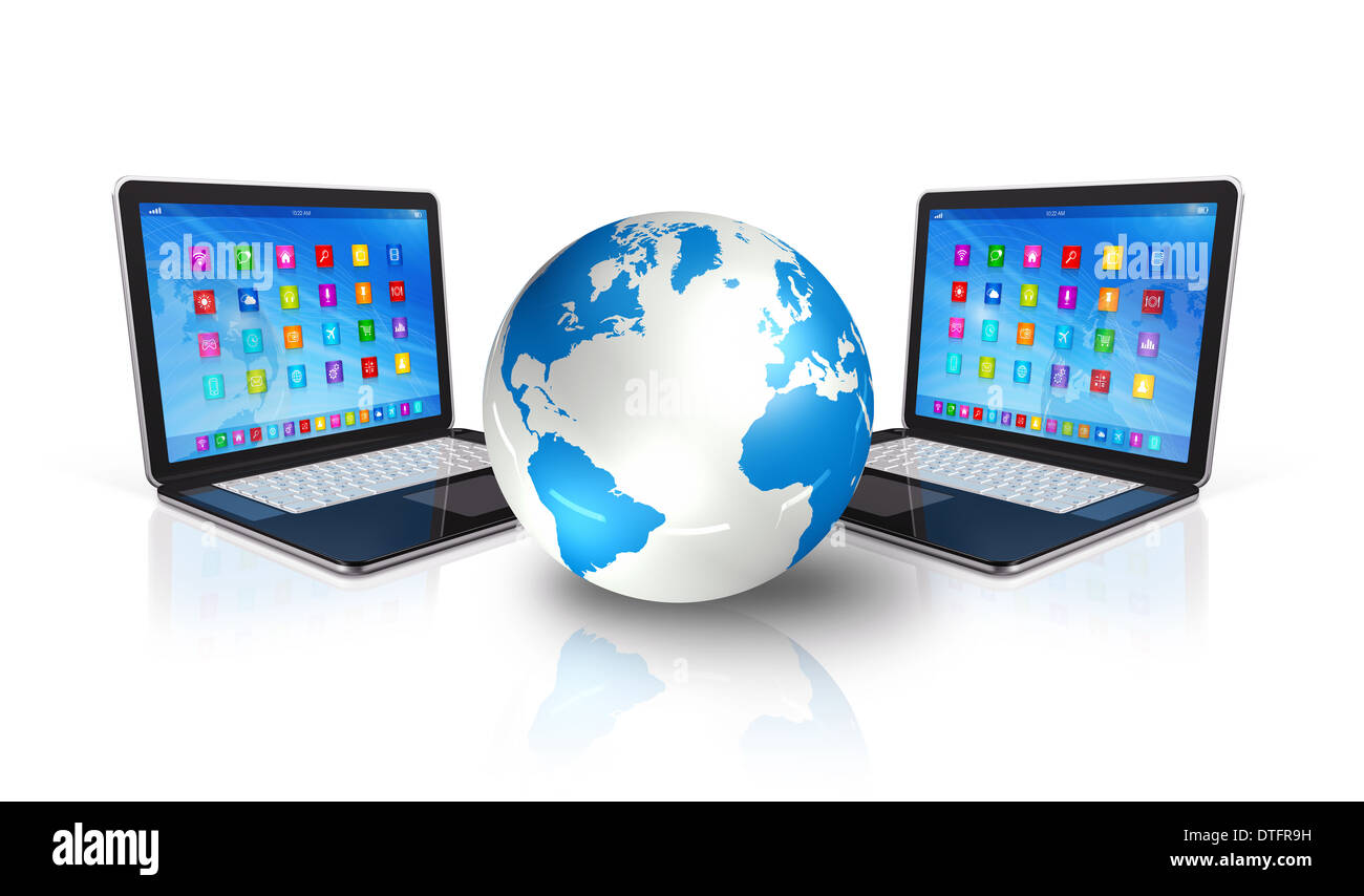 3D Laptop Computers around World Globe - apps icons interface ...