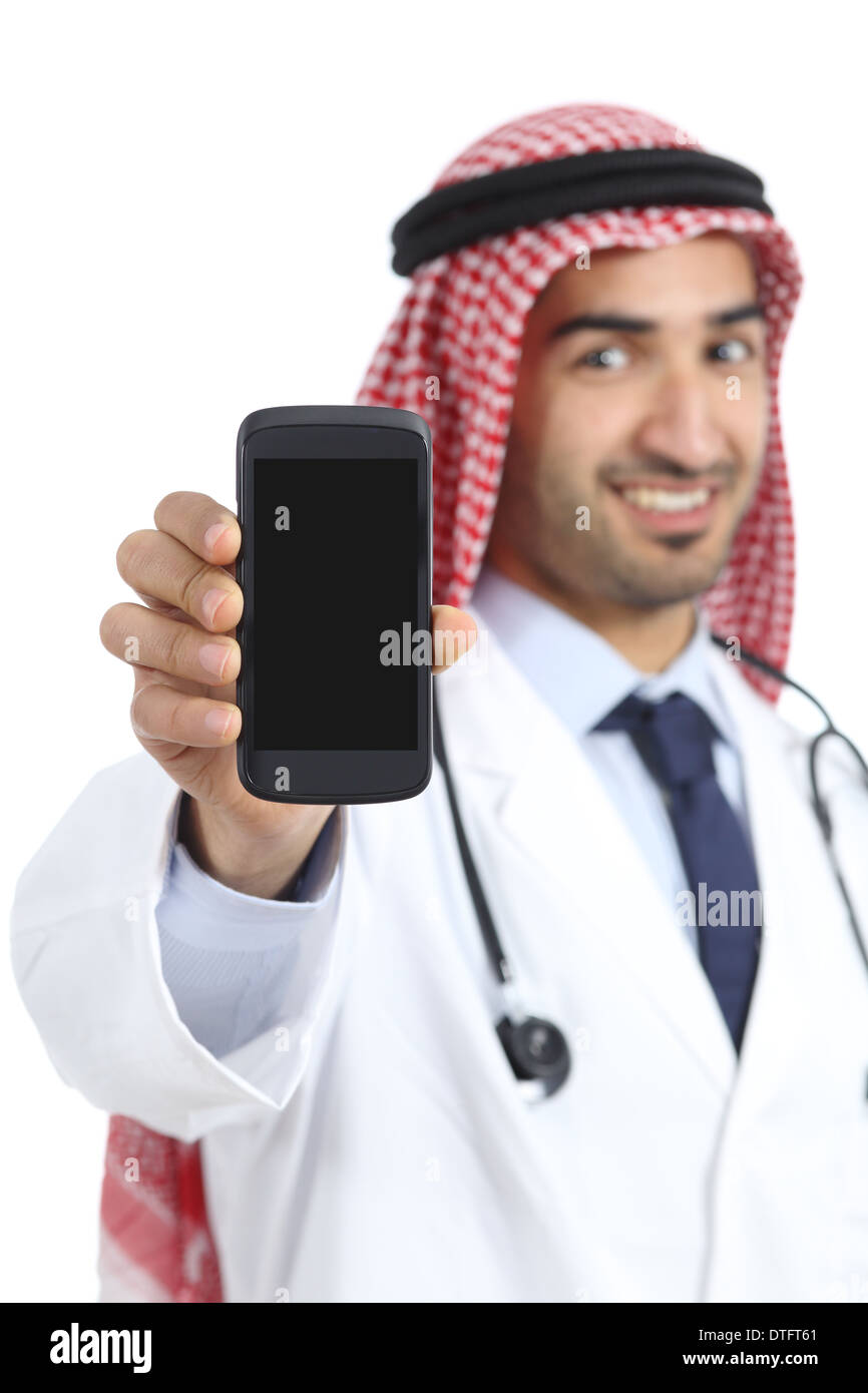 Arab saudi doctor man displaying a smart phone application isolated on ...