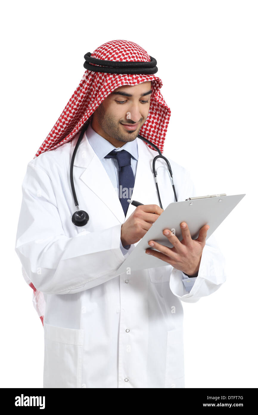 Arab Saudi doctor man working writing in a clinical history isolated on ...