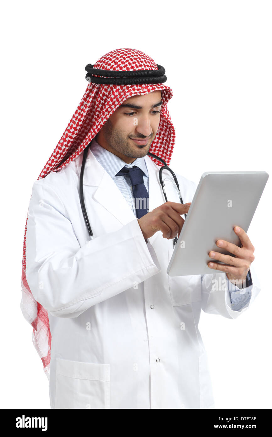Arab saudi emirates doctor man browsing a digital tablet isolated on a ...