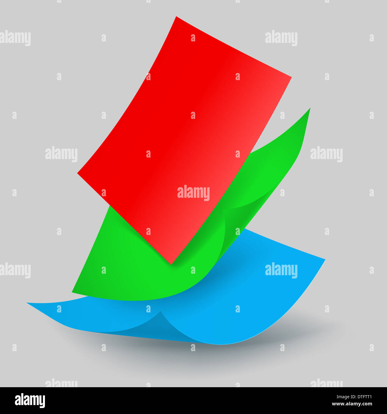 Three colored paper sheets falling down. Illustration on grey ...