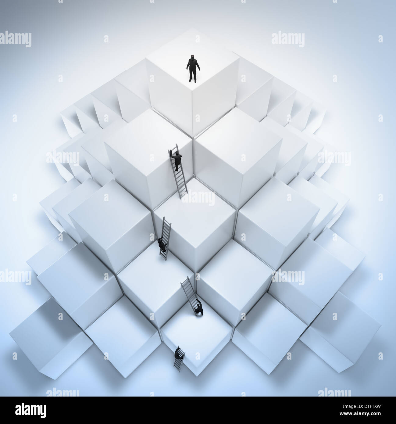 Tiny people climbing ladders to get to the top. Teamwork and ...