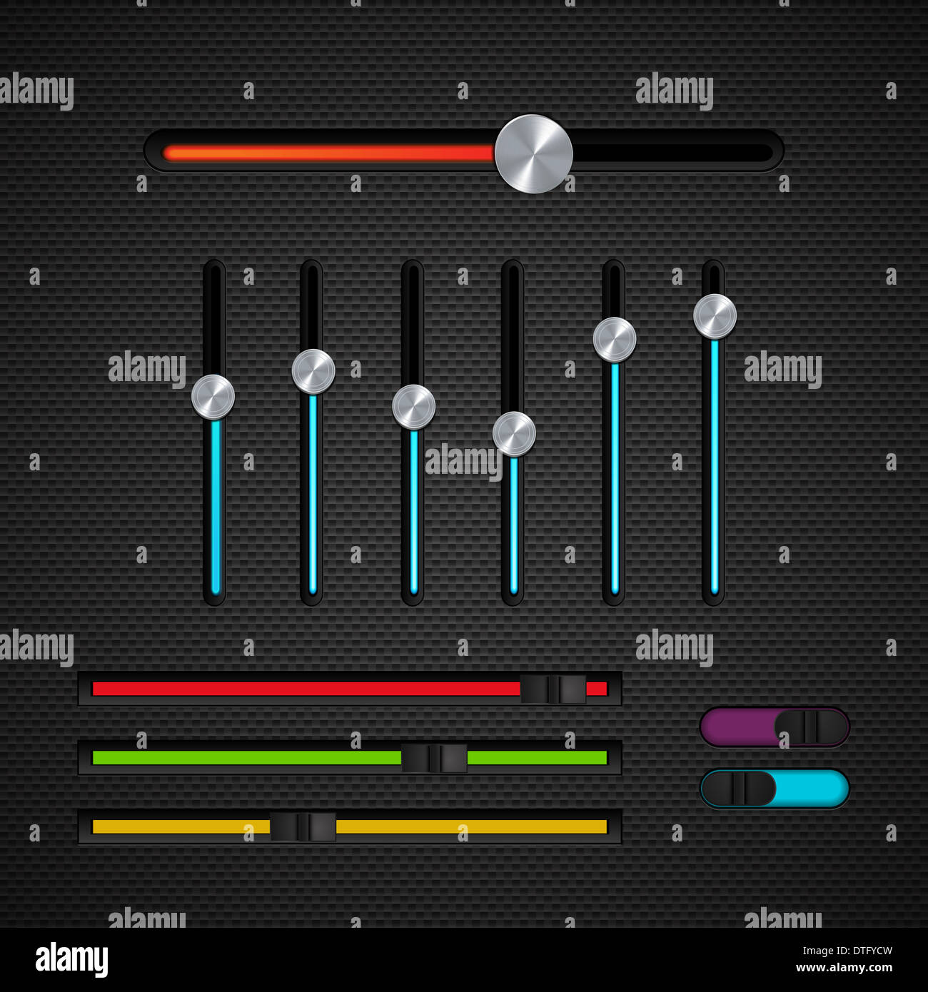 Set of Sliders, Equalizers and Switches on a black texture background ...