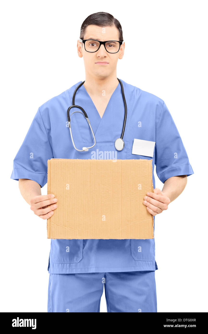 Grumpy male doctor holding a carton sign Stock Photo - Alamy