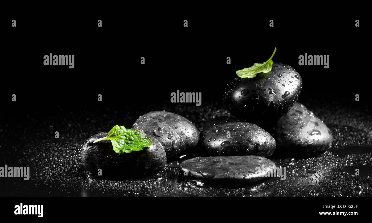 Zen stones with mint leaves on a black background Stock Photo - Alamy