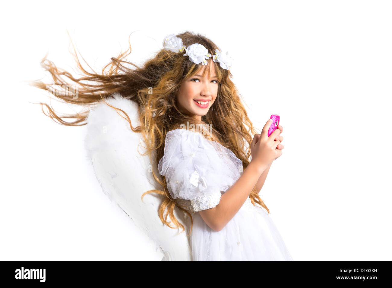 Angel blond girl with mobile smartphone and feather wings on white byod ...