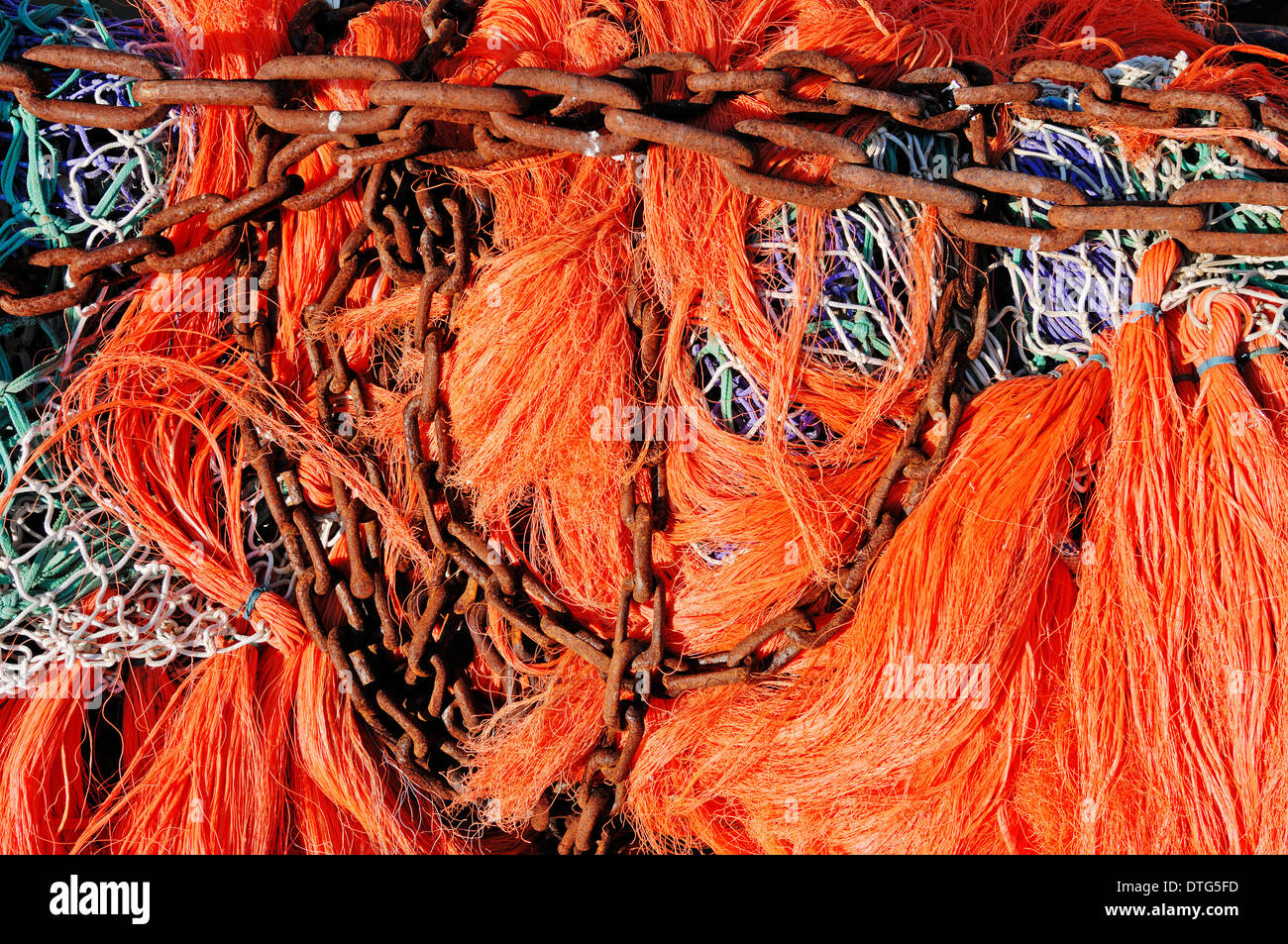 Fishing net and iron chain, Neuharlingersiel, East Frisia, Lower Saxony ...