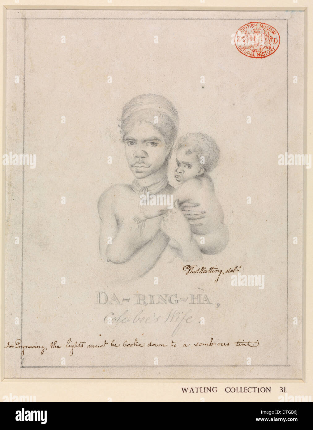 Portrait of an Aboriginal woman, named Da-ring-ha, and a child Stock ...