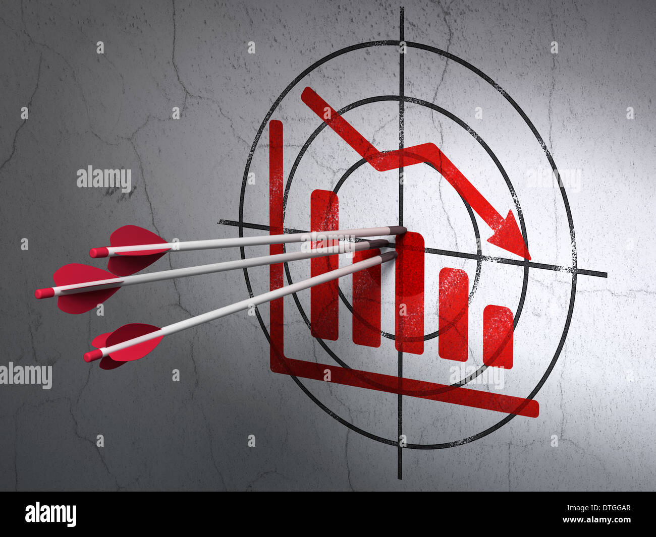 News concept: arrows in Decline Graph target on wall background Stock ...