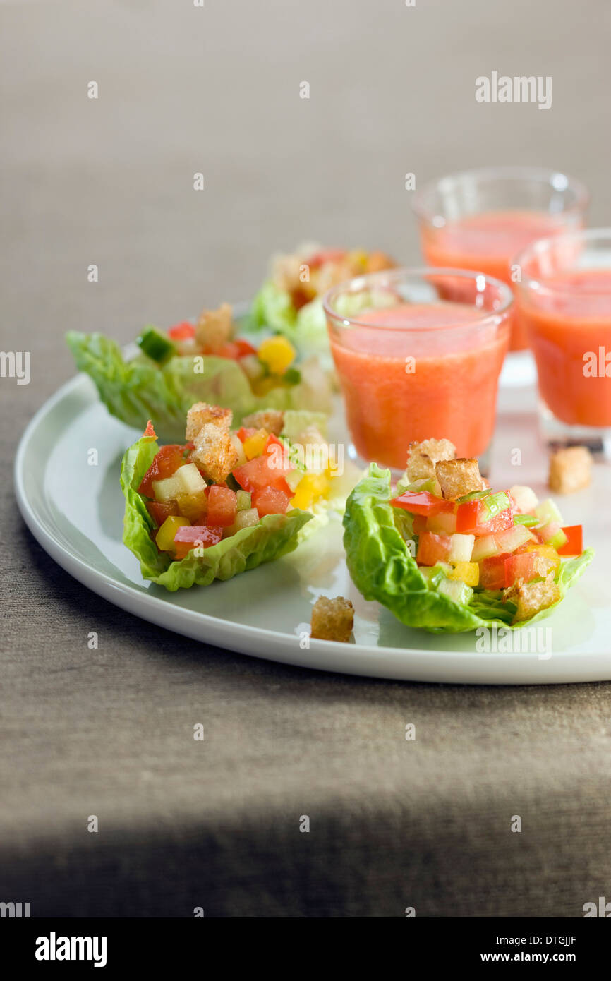 Summer vegetable tartare served in lettuce leaves and tomato gazpacho ...