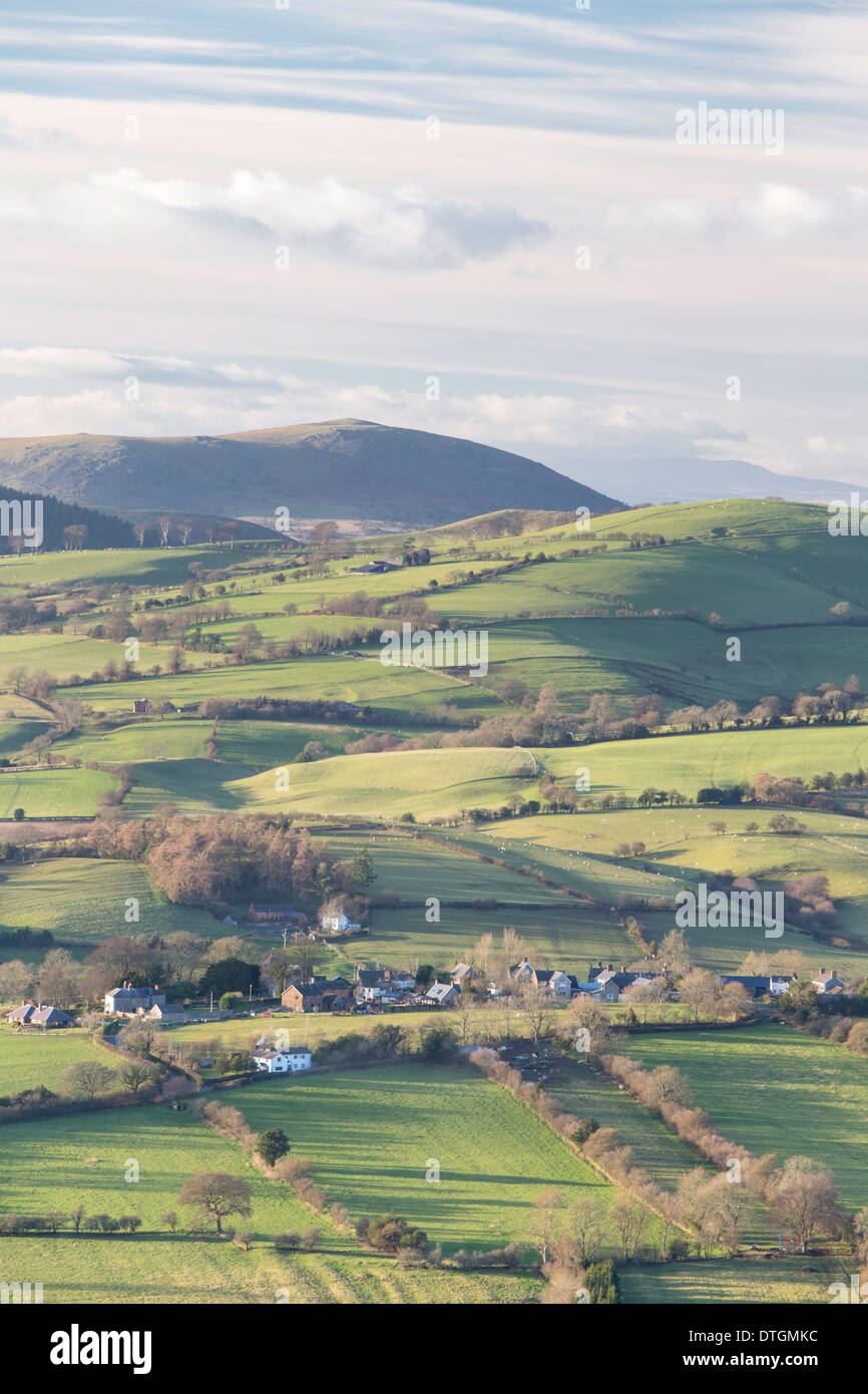 The hilltop village of Wentnor above the Onny Valley and the distant ...