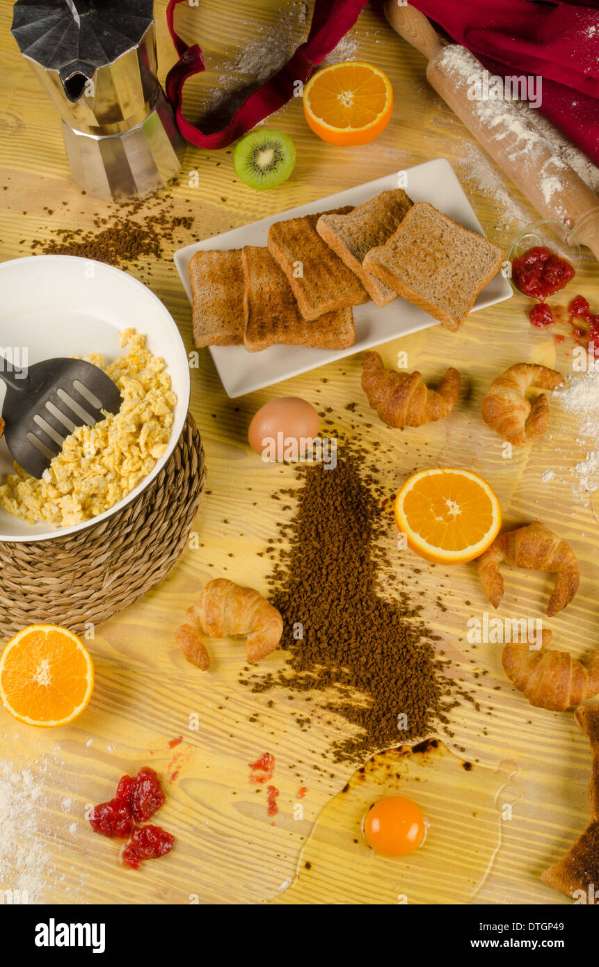 Messy breakfast, a kid having prepared it for fathers day Stock Photo ...