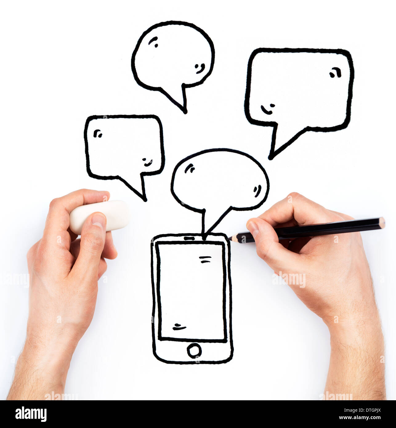 Man's hand draws phone and messages on white background Stock Photo - Alamy