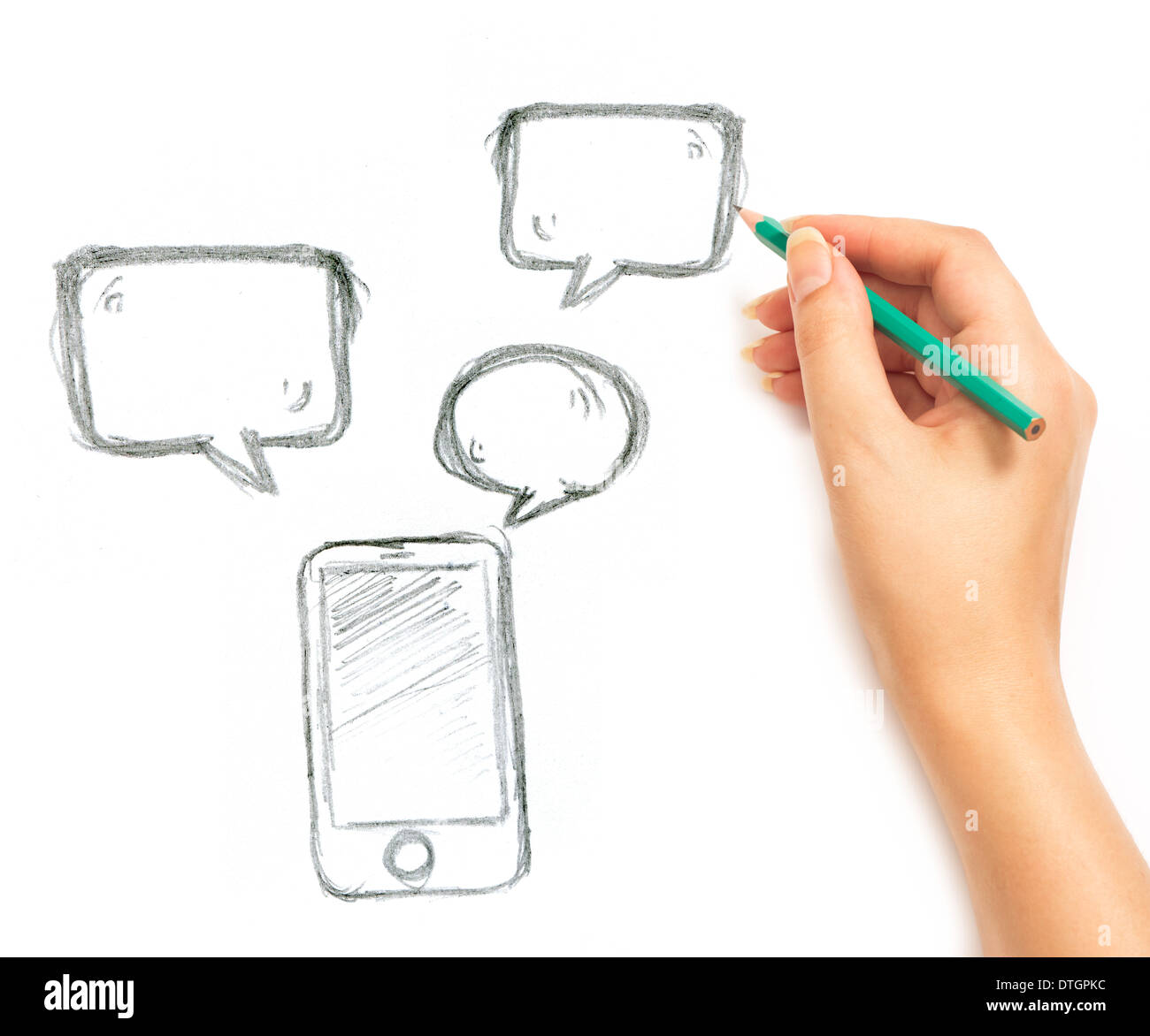 Woman's hand draws phone and messages on white background Stock Photo ...