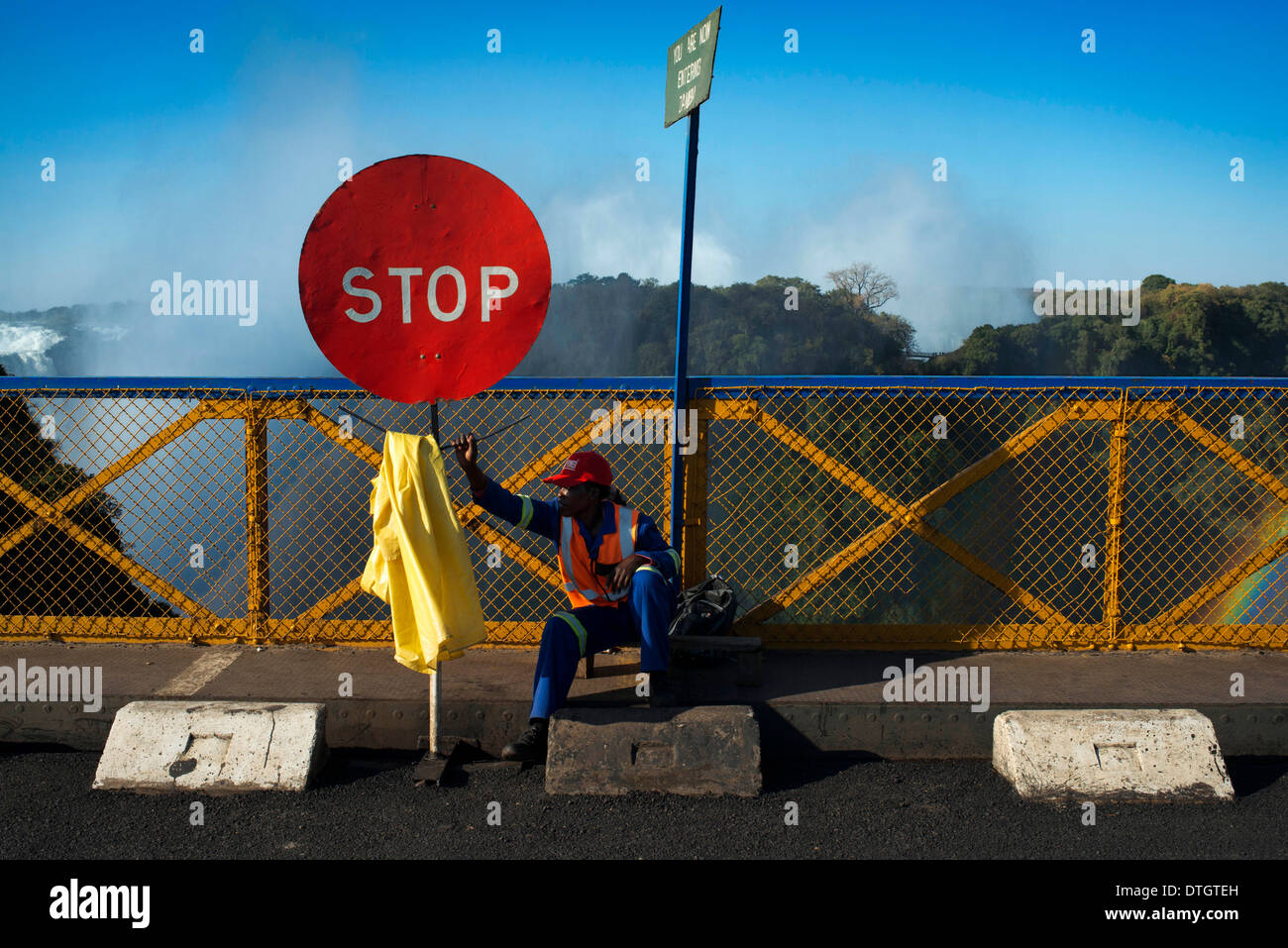 Stop sign at the Zambia and Zimbabwe border bridge. The Victoria Falls ...