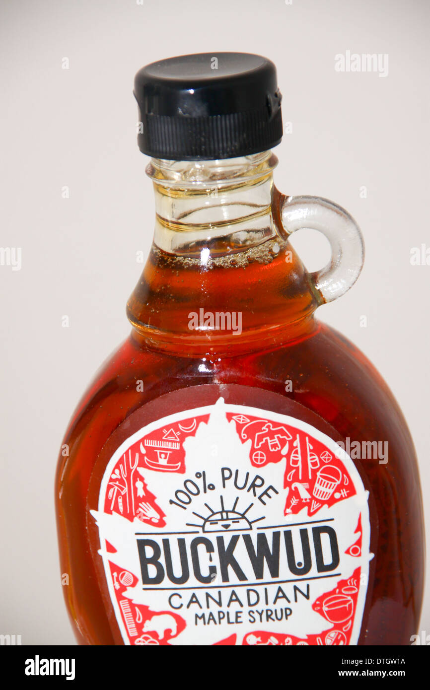 Bottle of Buckwud 100% pure Canadian maple syrup Stock Photo - Alamy