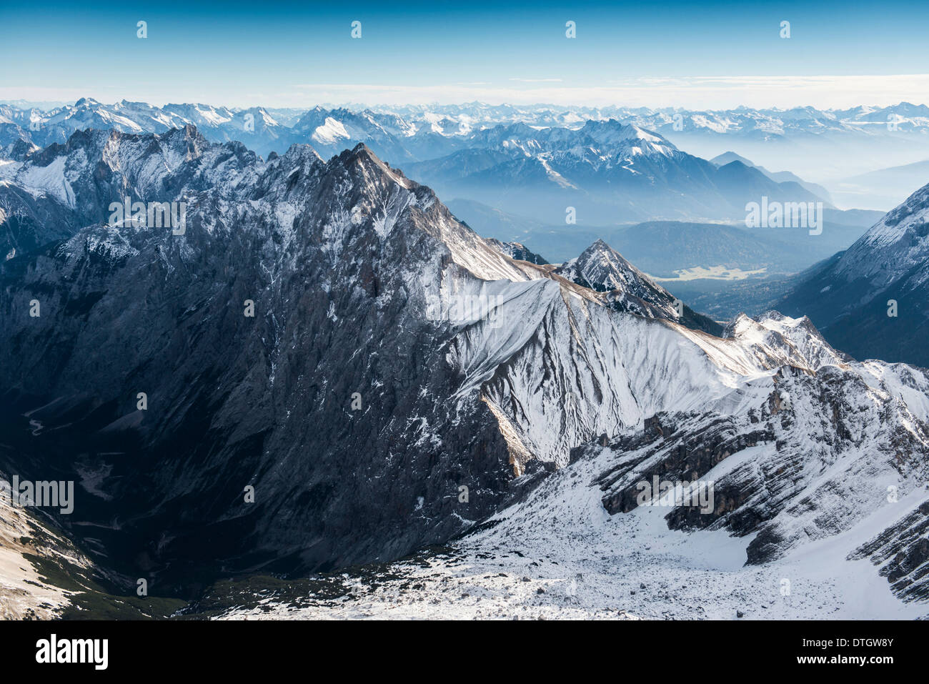 Aerial view, view seen from Zugspitze mountain to the South, Alps ...