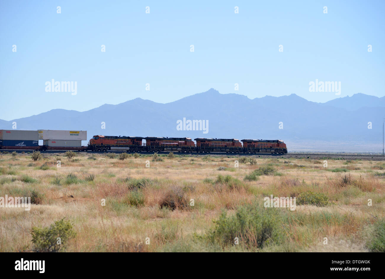Huge American multiple unit freight train with 4 locomotives runs along ...