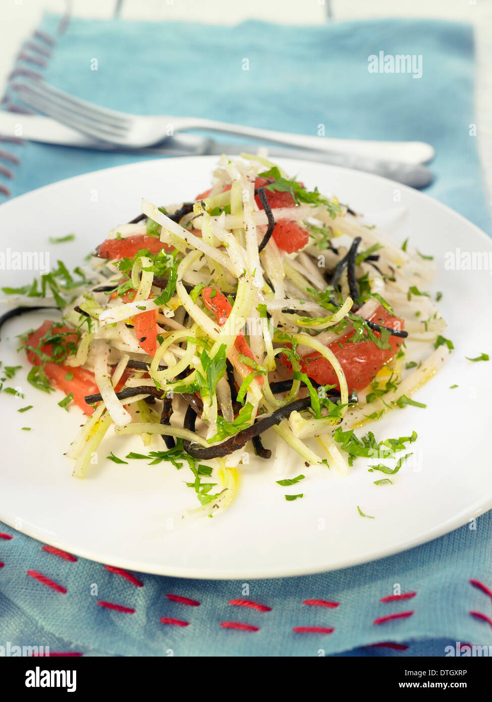 Grated celeriac and turnip, hijiki seaweed,tomato and parsley salad ...