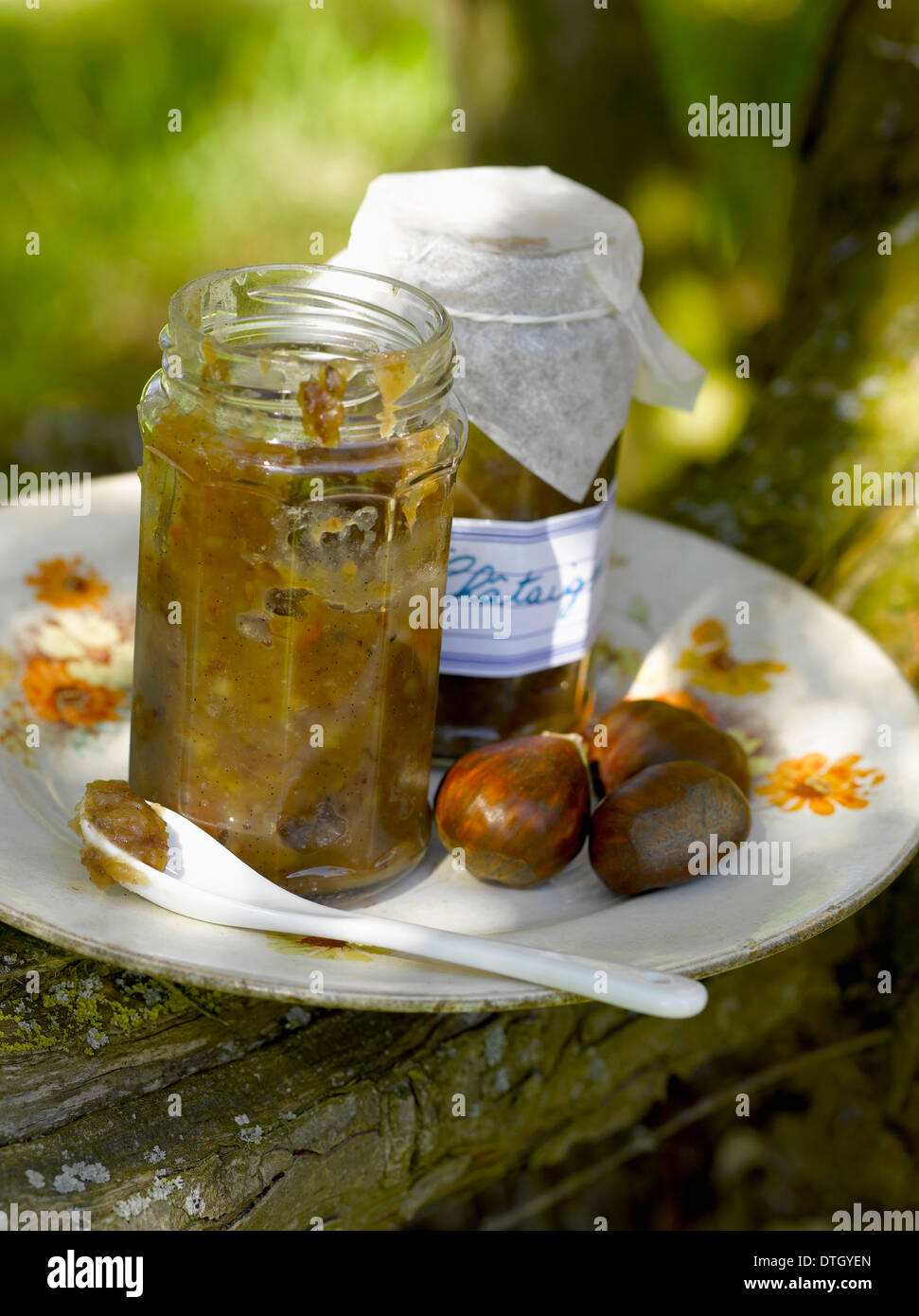 Jars of chestnut jam outdoors Stock Photo - Alamy