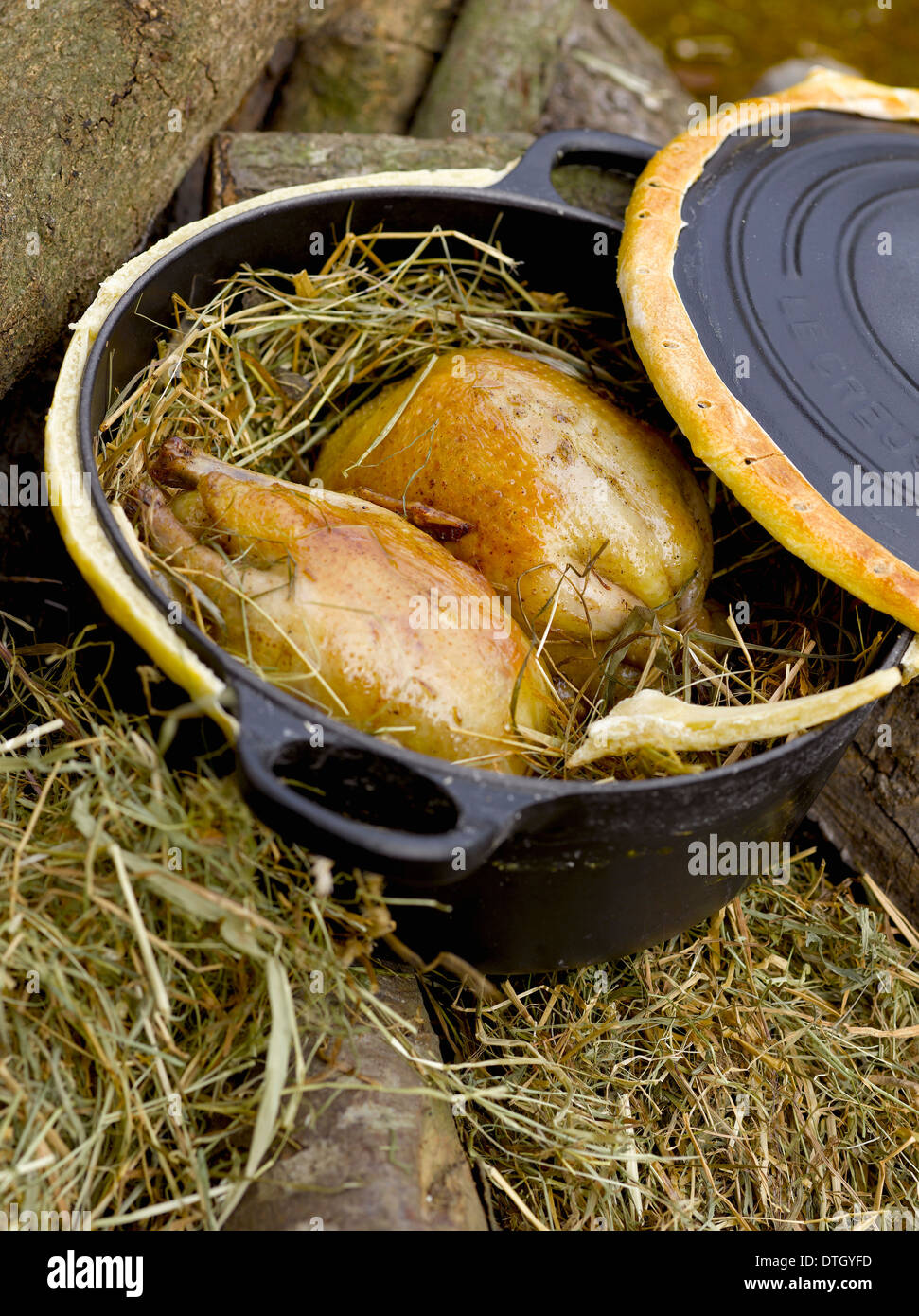 Pigeons cooked with hay in a casserole dish sealed with pastry Stock ...