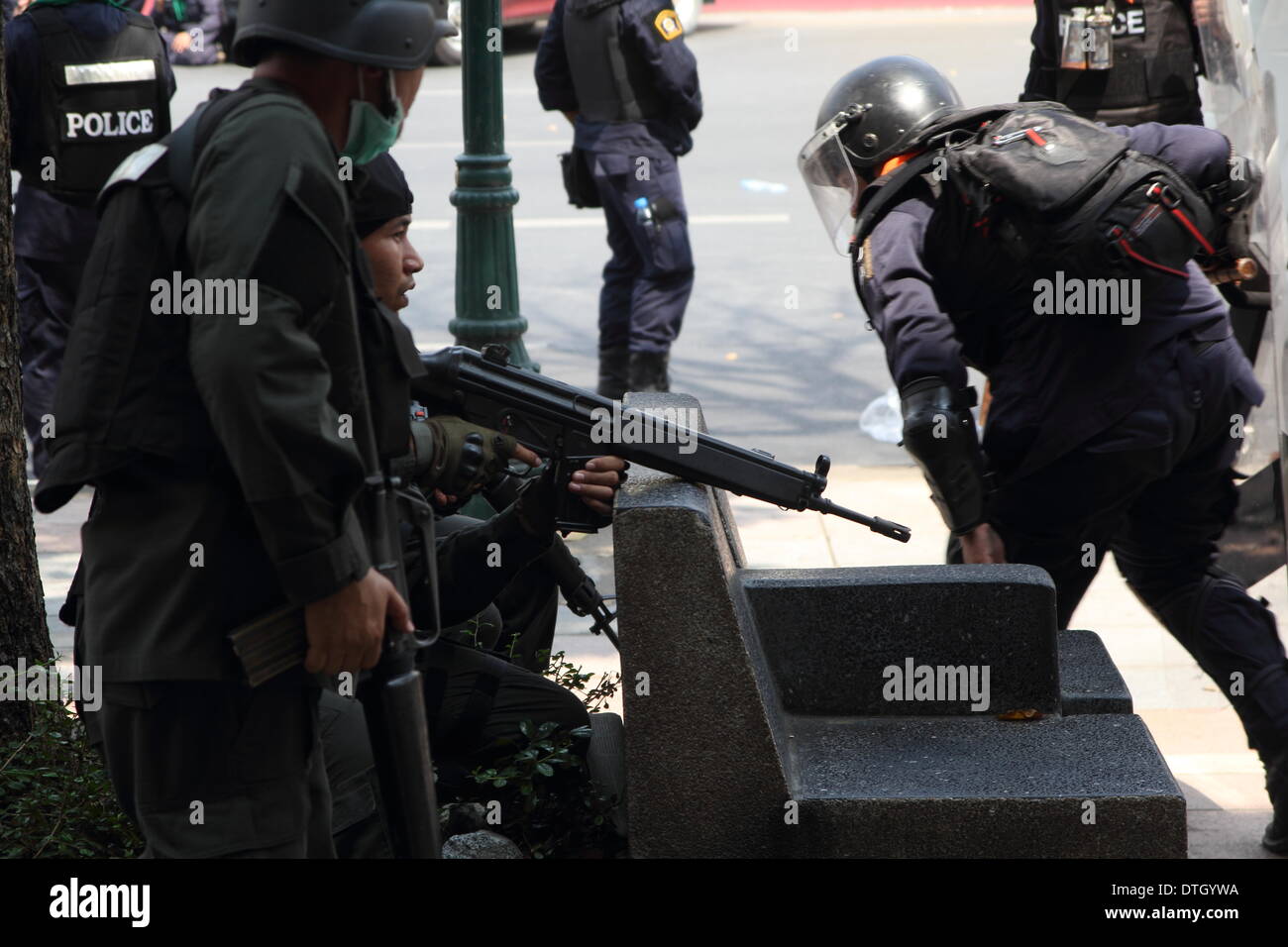 Bangkok, Thailand. 18 February 2014. Thai riot police officers during ...