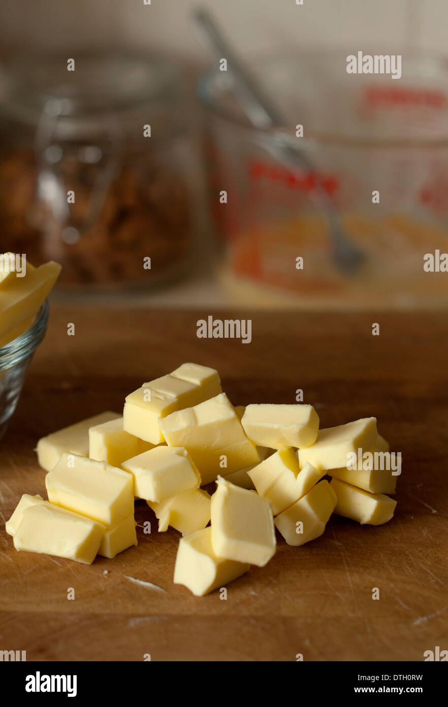 Still life food image of butter cubed ready for baking a cake Stock ...