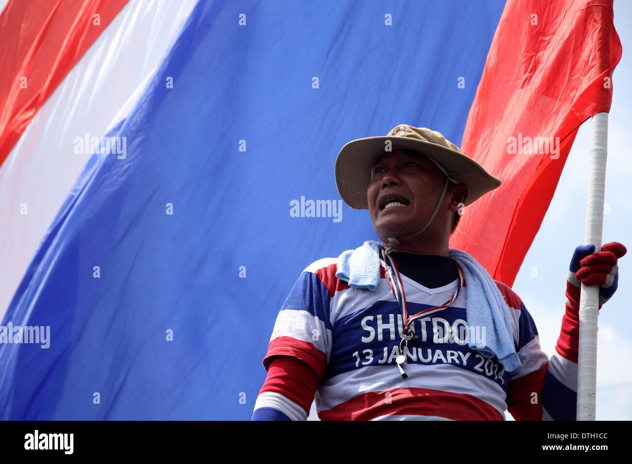 Bangkok, Thailand. 18 February 2014. An anti-government protester pose ...