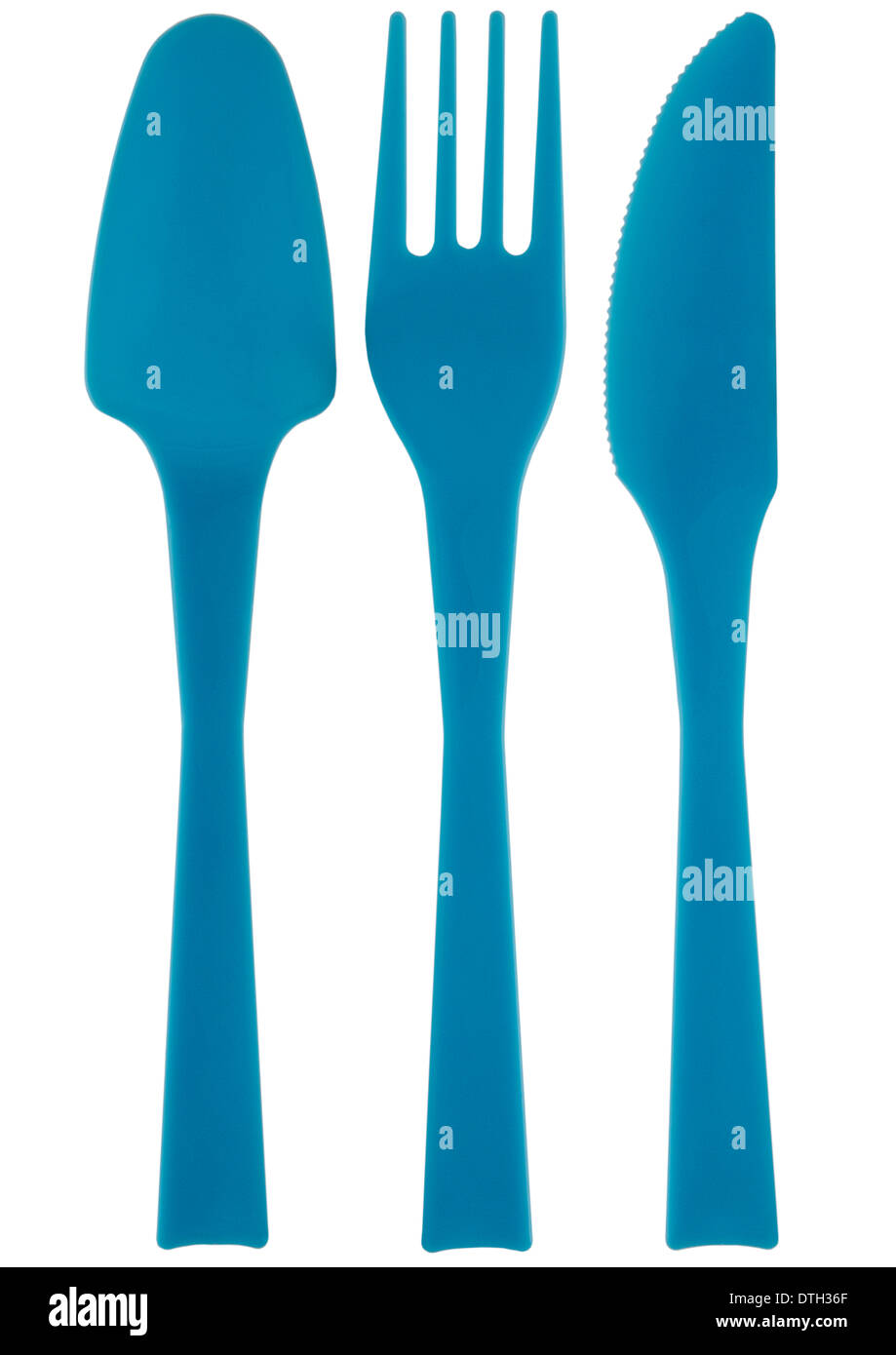 Blue plastic table spoon, fork and knife on white background Stock ...