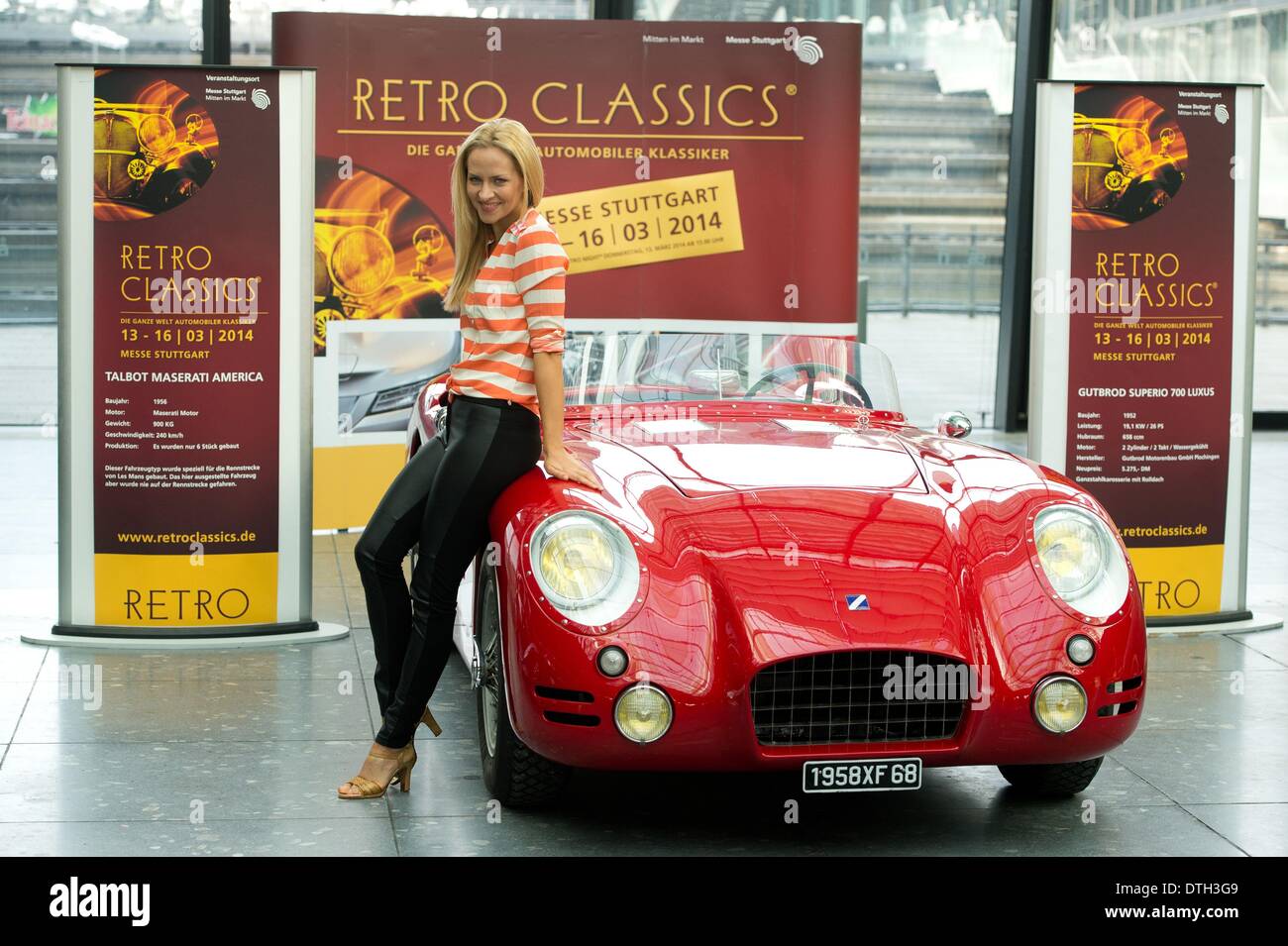 Model Sarah poses next to a Talbot Maserati America at a press ...