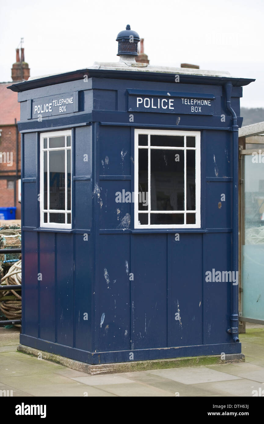 Blue Police telephone box on harbour at Scarborough North Yorkshire ...