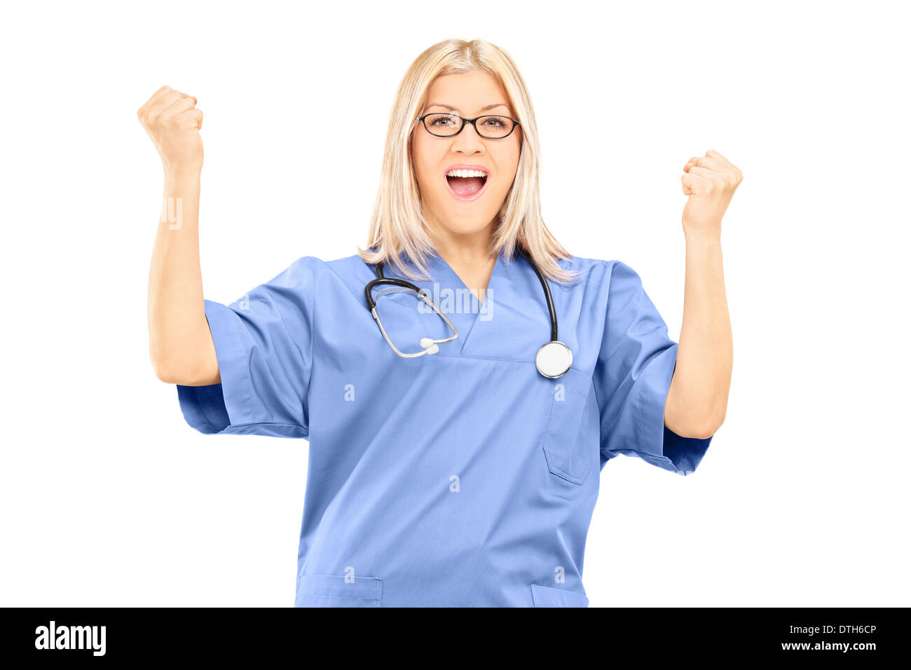 Happy female doctor gesturing happiness Stock Photo - Alamy
