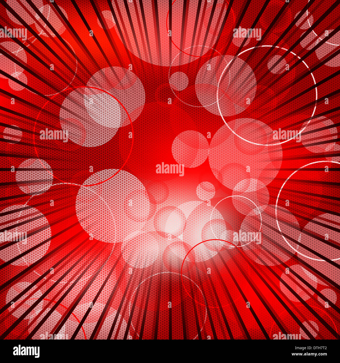 Abstract red background design with bursting rays, dots and hexagon ...